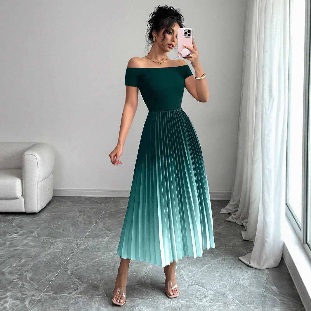 Elegant Off-shoulder Pleated Gradient-color Bodycon Dress For Women ...